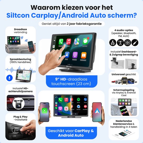 Siltcon® Geschikt voor Carplay Scherm 9 Inch - Geschikt voor Android ...
