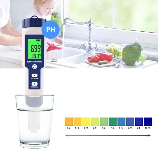 5-in-1 watertester- pH- EC- TDS- zoutgehalte en temperatuur voor ...