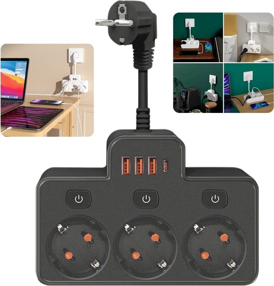 Stekkerdoos met USB - 3 AC Stopcontacten - 3 USB Poorten + 1 USB Type C ...