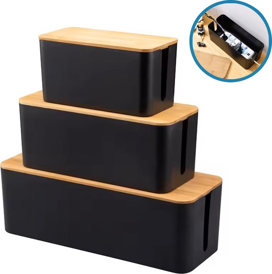 DIVERZA Kabelbox Zwart Hout (Set van 3) – Opbergbox stekkerdoos ...