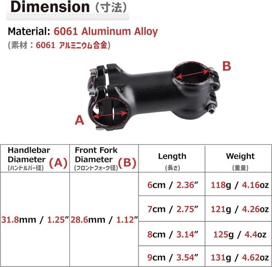 Stuurpen voor MTB fietsstuur 7 graden - 60 70 80 90 100 110 120 mm ...