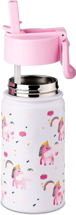 Drinkfles Kind met Rietje 350ml - roestvrij staal, BPA-vrij, anti lek ...
