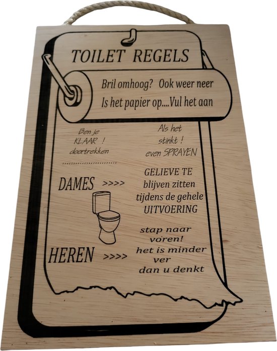 Houten laser tekstbord, toiletregels, timmerplaat, naturel | bol