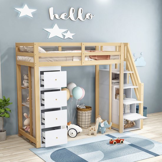 Sweiko Hoogslaper - 90*200 cm - 4 laden - planken - massief hout ...