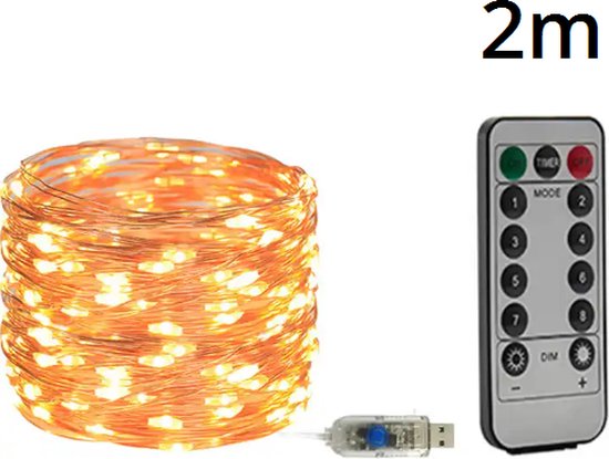 Warm Wit LED Snoer Verlichting 2 Meter – 20 LED's – USB Aangedreven ...