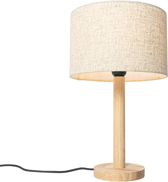 Landelijke Tafellamp Hout met Linnen Kap - 25 cm - Geschikt voor LED ...