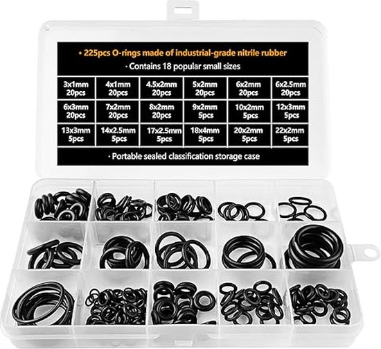 225 stuks afdichtringenset, zwart, 18 maten O-ring assortiment ...