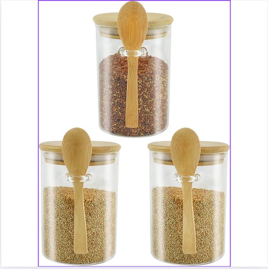 3 stuks glazen potten met deksel en lepel 600 ml, glazen voorraadpotten ...