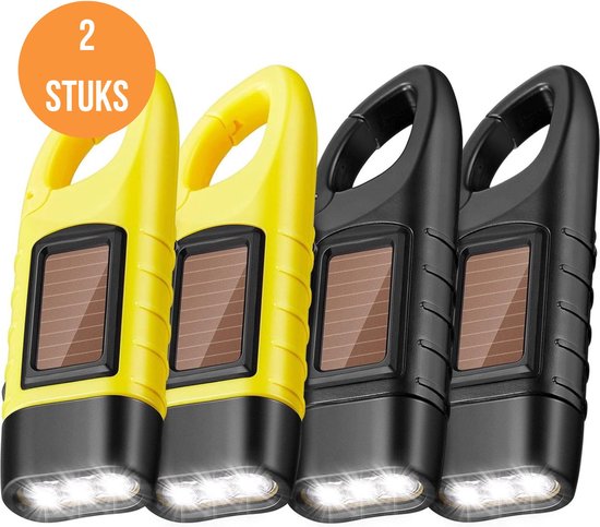ReddingsPunt - 2x Knijpkat met Solar - Opwindbare Zaklamp - Zaklamp met ...