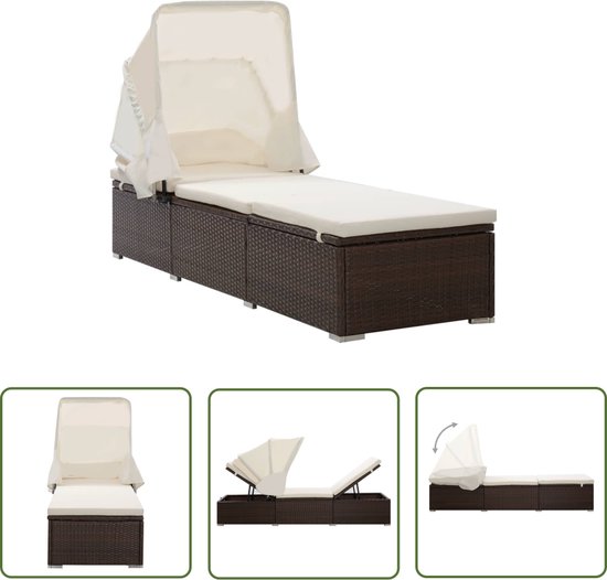 vidaXL Lounge - Ligbed - Ligbed met luifel en kussen poly rattan bruin ...