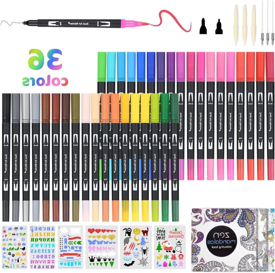36 Colours Brush Pen Set with Replacement Refills - Felt Tip and ...