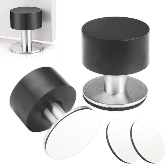 Zelfklevende deurstopper voor muur - 2 stuks zwart, roestvrij staal en ...