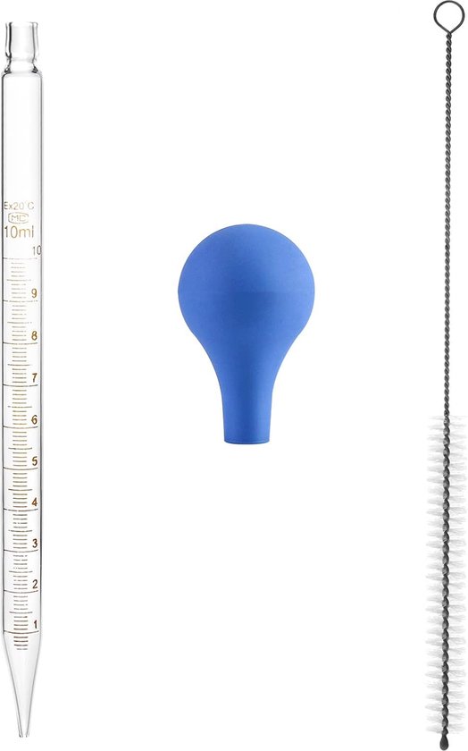 Glazen pipet 10 ml - 4 stuks met rubberen dop en reinigingsborsteltje | bol