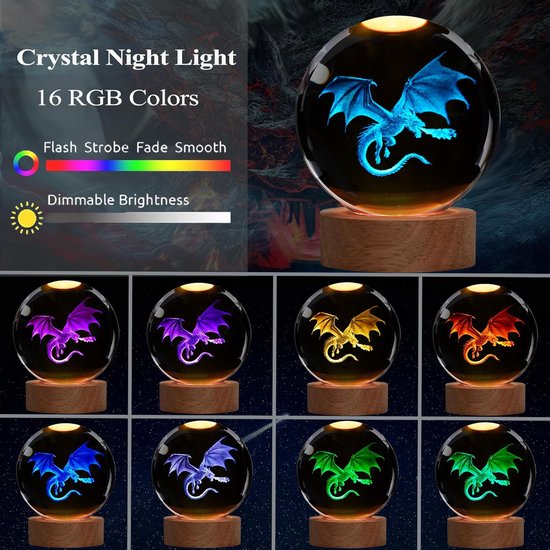 Dragon Night Light Crystal 3D Lamp - Met 16 kleuren - 8 x 10 x 8 cm ...