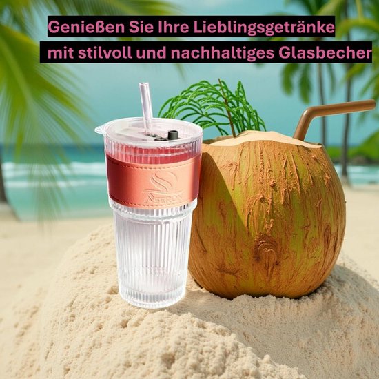 Geribbelde Drinkbeker 600 ml met Deksel en Rietje - Robuust Glas voor ...