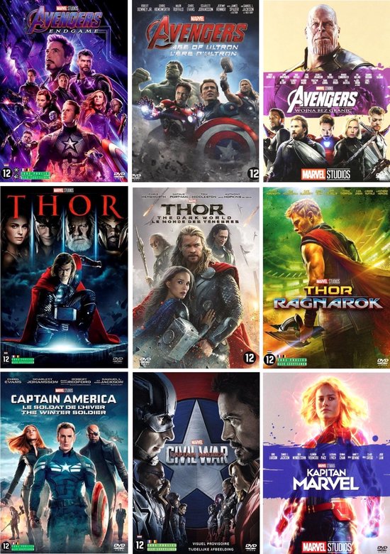 Marvel 9 film set- 3 dvd Avengers - 3 dvd Thor - 3 dvd captain America ...