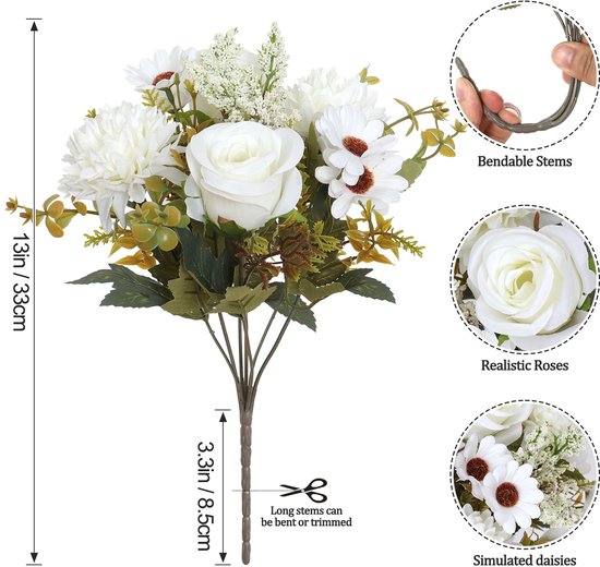 2 Stuks Kunstbloemen – Wit Boeket met Nep-pioenen, Zijden Hortensia's ...