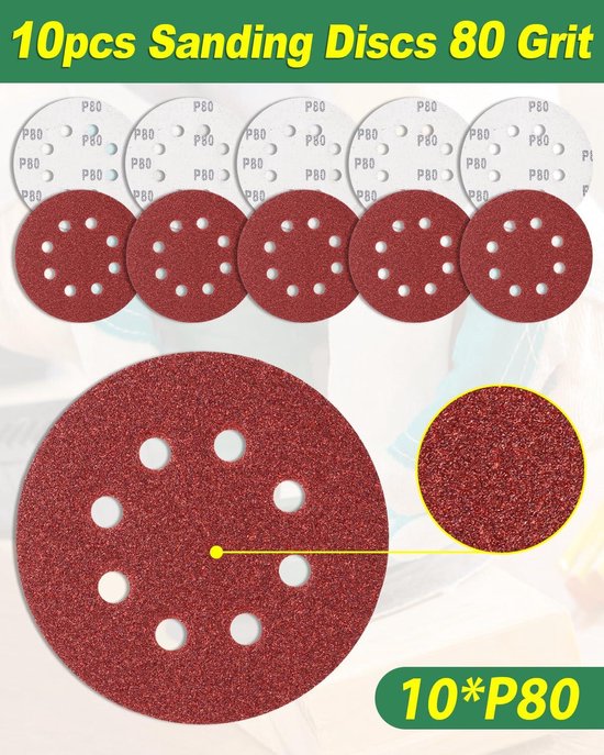 Schuurbladen met klittenband, 10 stuks, 125 mm, korrelgrootte 80, voor ...