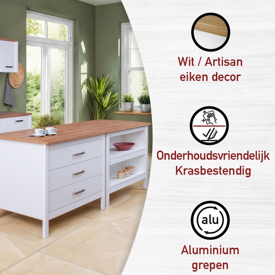 Interlink - kookeiland Piazza wit /eik met 3 laden - 124x75cm | bol