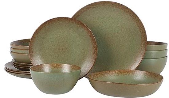 Dubbele kom steengoed servies set - 16-delig met reactieve glazuur ...