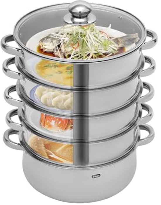 Multifunctionele 5-laagse Stoompan 28 cm van Roestvrij Staal met Glazen ...