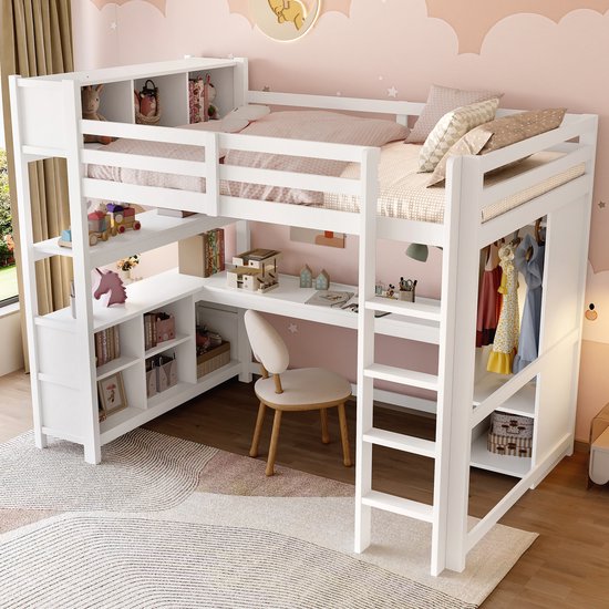 Sweiko Hoogslaper - 140x200cm - Opbergplank - Met bureau - Kledingkast ...