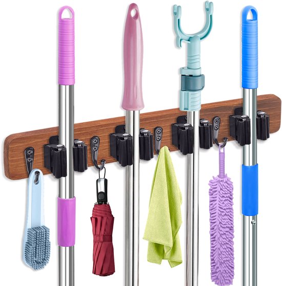 Hangende bezem en dweil, houten wandbezemhouder met 4 standen en 4 ...