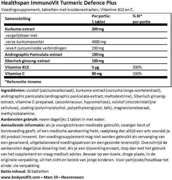 Healthspan ImmunoVit Turmeric Defence Plus - Multivitaminen - 30 ...
