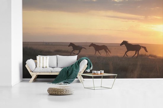 Behang - Fotobehang Wilde paarden rennen in een grasveld - Breedte 430 ...