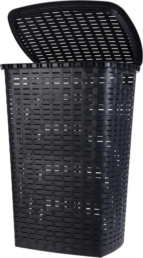 Plastic wasmand in rotan-look, 53 liter, antraciet, wasbox met deksel ...