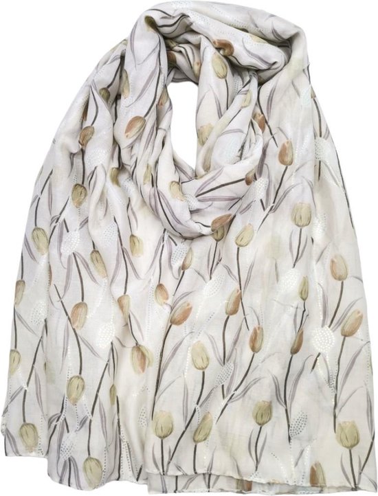 Lange dames sjaal Ida gebloemd motief tulpenmotief beige wit bruin ...