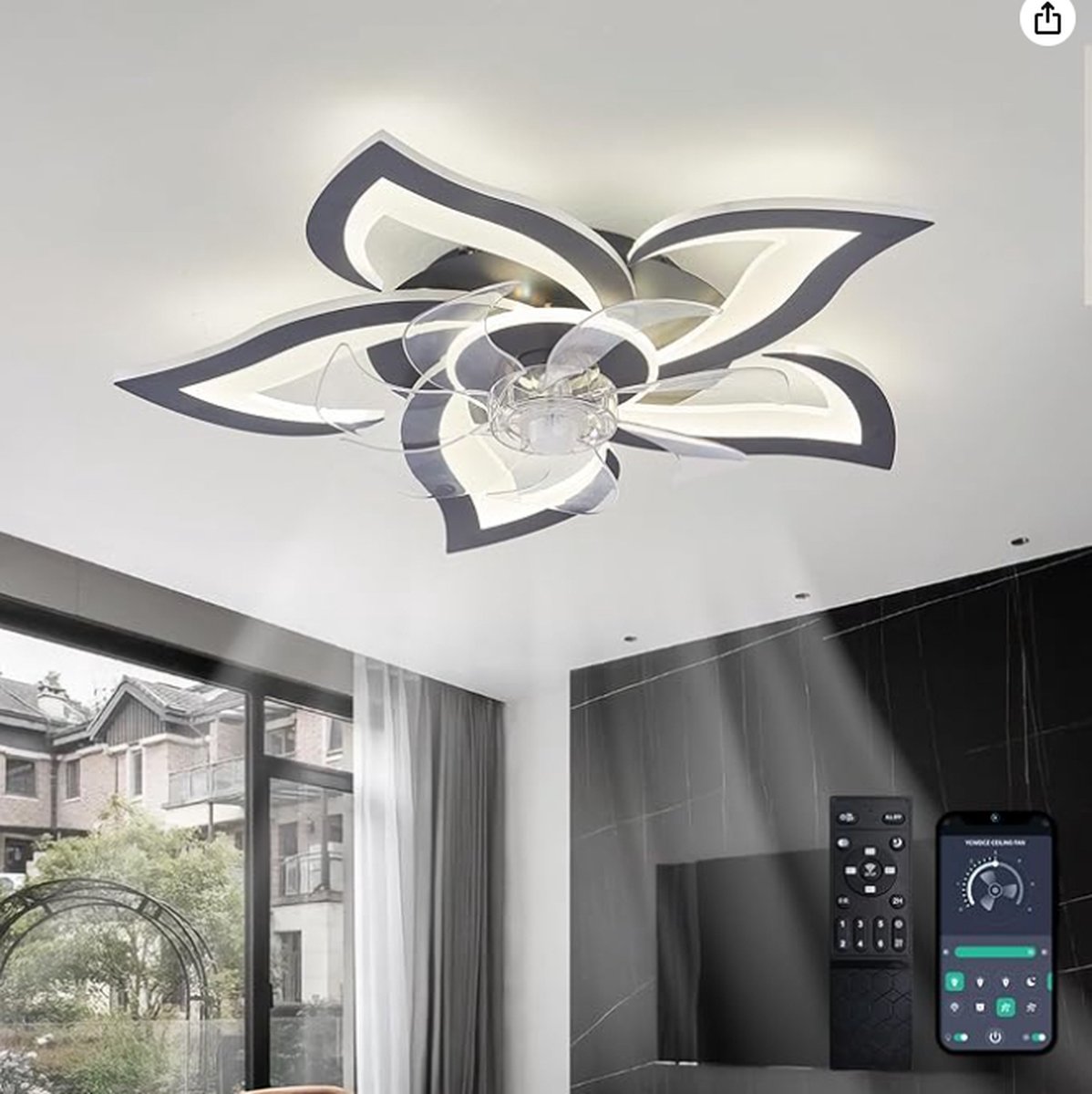 LuxiLamps - 5 Lotus Ventilator Lamp - Plafondventilator - Zwart - Smart ...