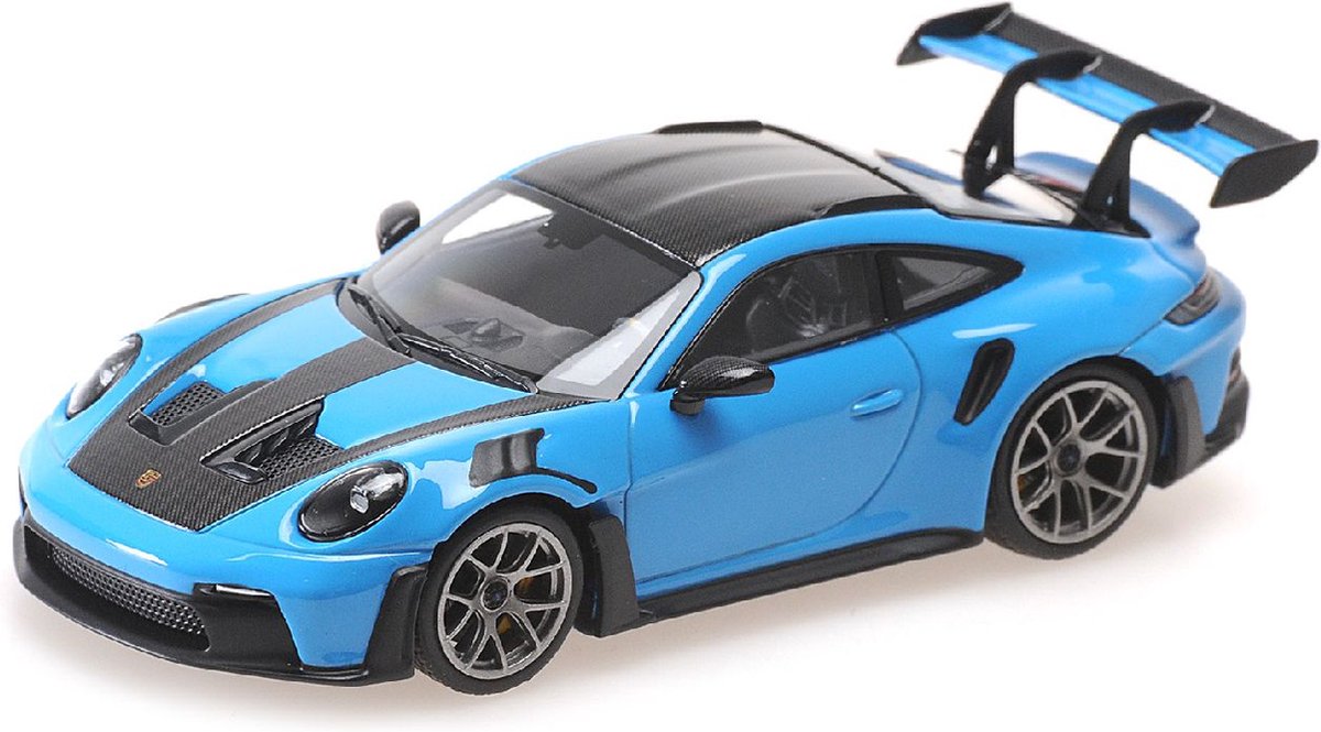 Het 1:43 gegoten model van de Porsche 992 GT3 RS met blauwe en zilveren velgen uit... | bol