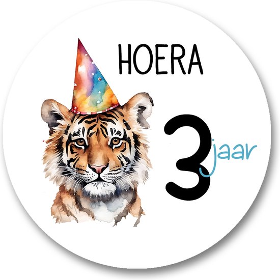 Traktatiesticker Hoera 3 jaar Tijger | Traktatie Sticker | Tijger ...