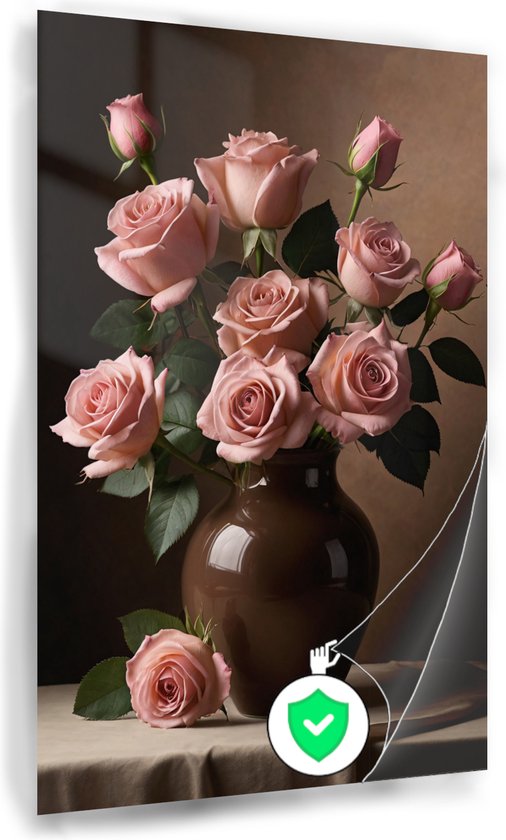Roze rozen in een vaas poster - Bloemen in vaas poster - Poster stilleven - Poster... | bol