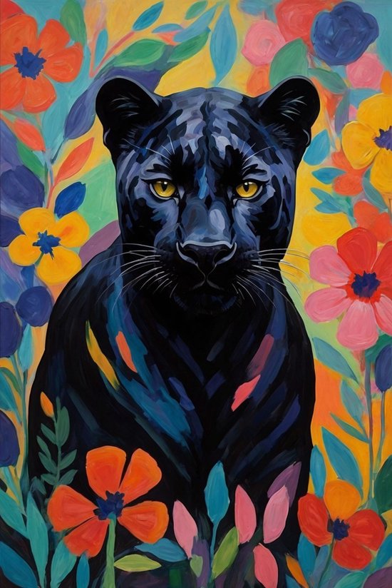 Zwarte panter poster - Wilde dieren wanddecoratie - Poster bloemen ...
