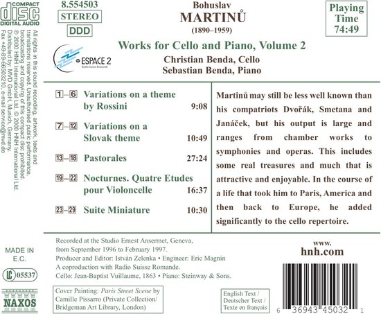 Sebastian Benda, Christian Benda - Martinu: Works For Cello And Piano ...