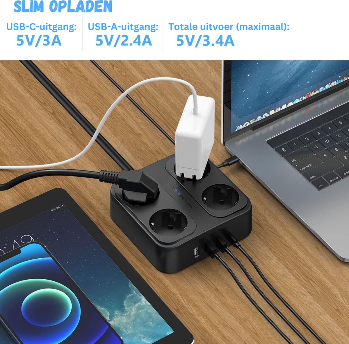 Stekkerdoos met USB - All-in-One Socket Strip - 4 Stopcontacten, 3 USB ...