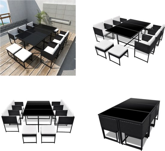 vidaXL 11-delige Tuinset met kussens poly rattan zwart - Tuintafel En ...