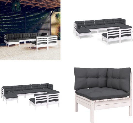 vidaXL 9-delige Loungeset met kussens grenenhout wit - Loungeset ...