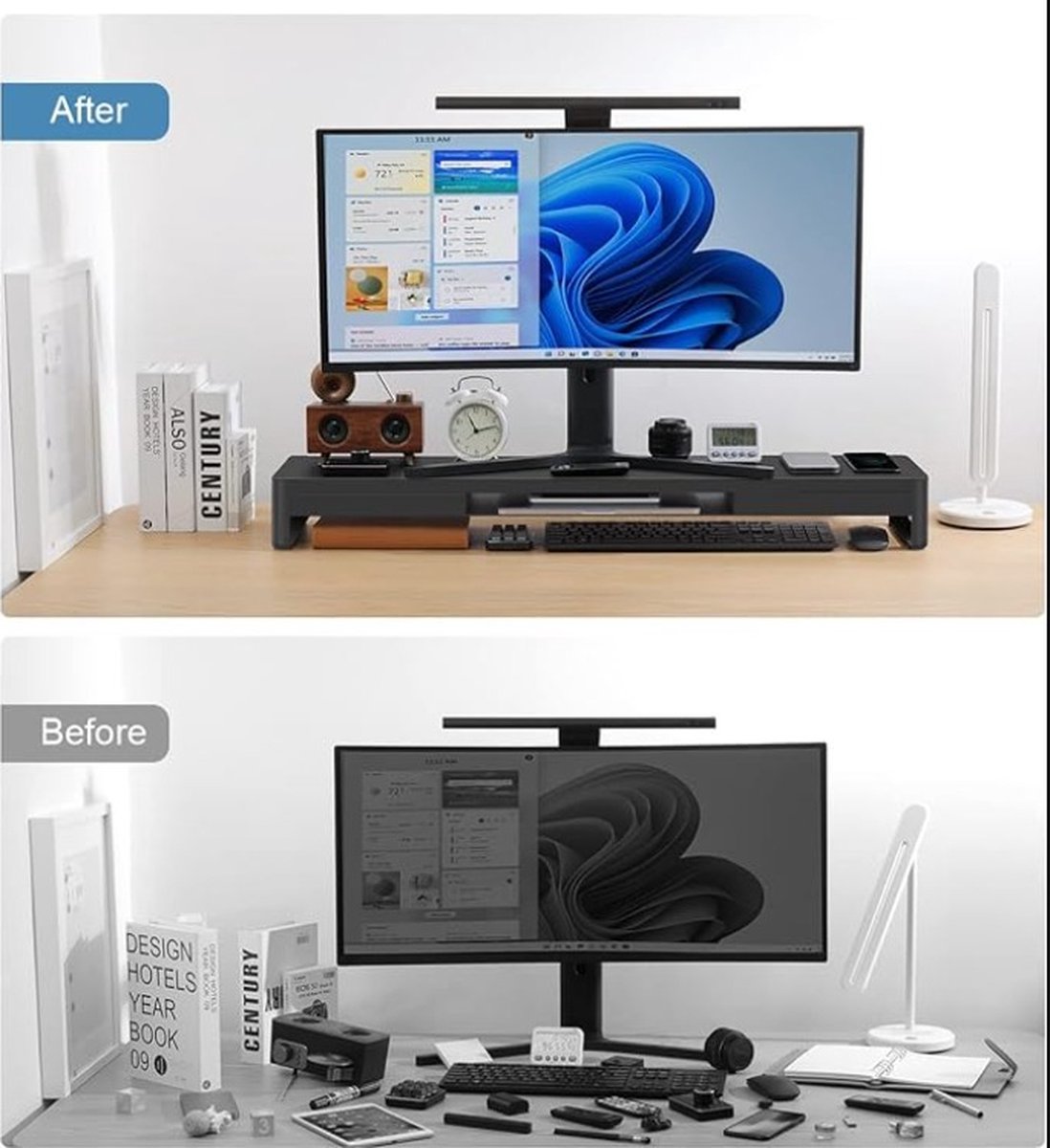 Dubbele monitorstandaard met 2 opberglades, metalen ...