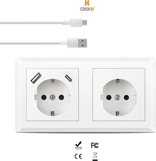 CoshX® Dubbel USB stopcontact wit met 1 x USB A en 1 x USB C inbouw 3 ...