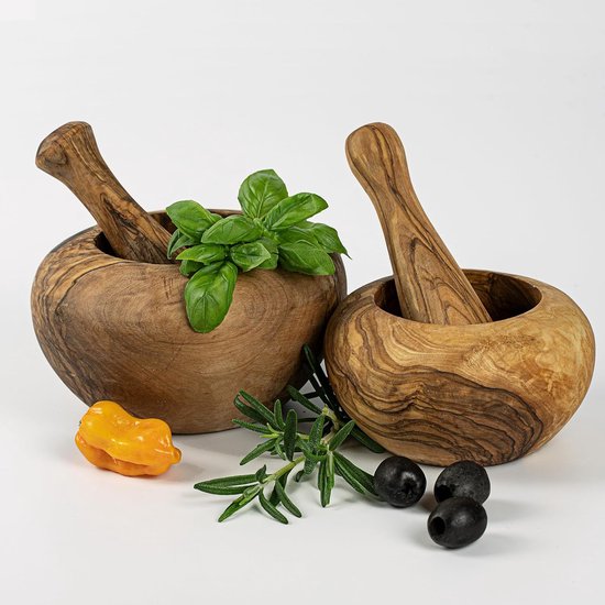 Vijzel met stamper van hoogwaardig olijfhout Mortar and pestle ...