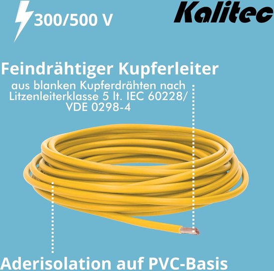 Kalitec 10 meter H05V-K 0,5 mm² gele bedradingskabel I kernkabel ...