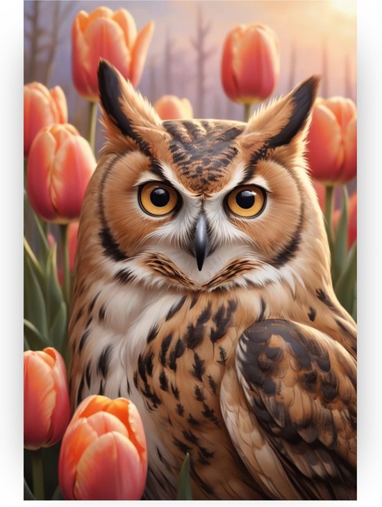 Uil met tulpen poster - Uil posters - Poster tulpen - Muurdecoratie ...