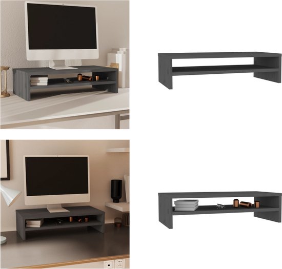 vidaXL Monitorstandaard 50x24x13 cm massief grenenhout grijs ...