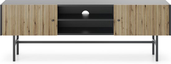 TV-meubel - 2 deuren 3 planken - Mat zwart + sierstrips - Metalen poten ...
