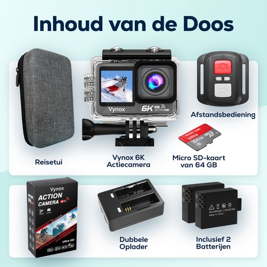 Vynox Action Camera 6K - 50MP / 60FPS / WiFi / 30M Waterdicht ...