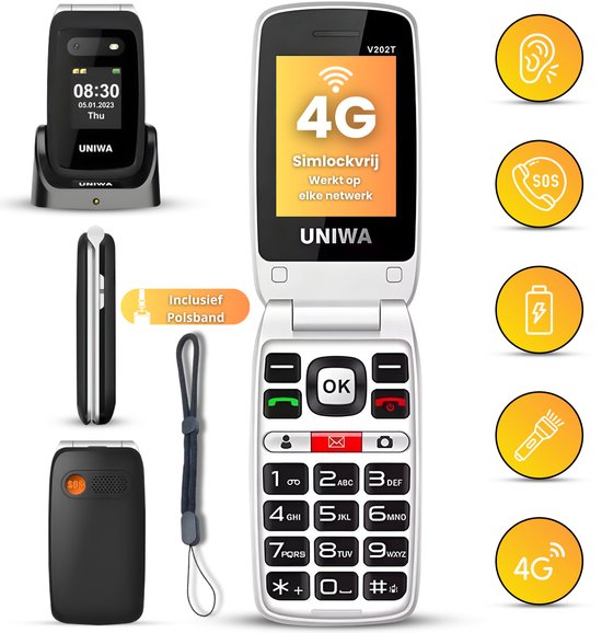 Uniwa V202T Senioren Telefoon – Zwart – Inclusief Polsband – 4G Klaptelefoon met SOS... | bol