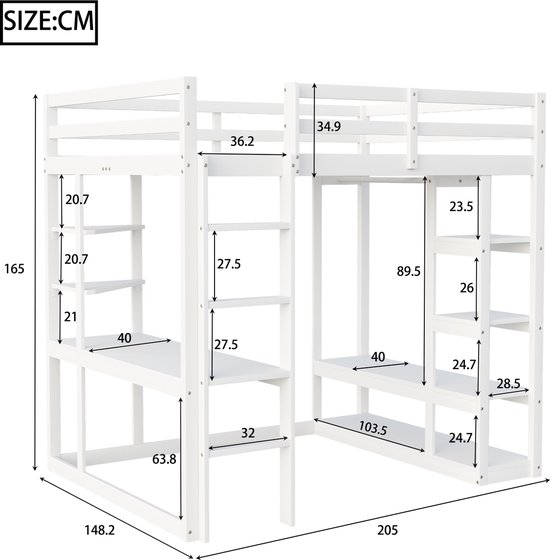 Sweiko Hoogslaper - 140 x 200 cm - met Bureau - Boekenplank ...